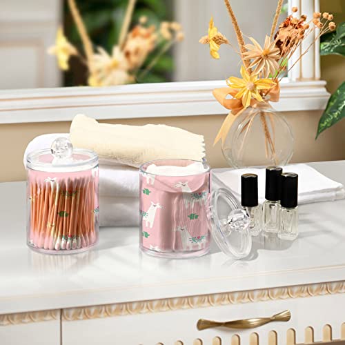 KEEPREAL Cute Lama with Cactus Qtip Holder Dispenser with Lids, 2PCS Plastic Food Storage Canisters, Apothecary Jar Containers for Vanity Organizer Storage