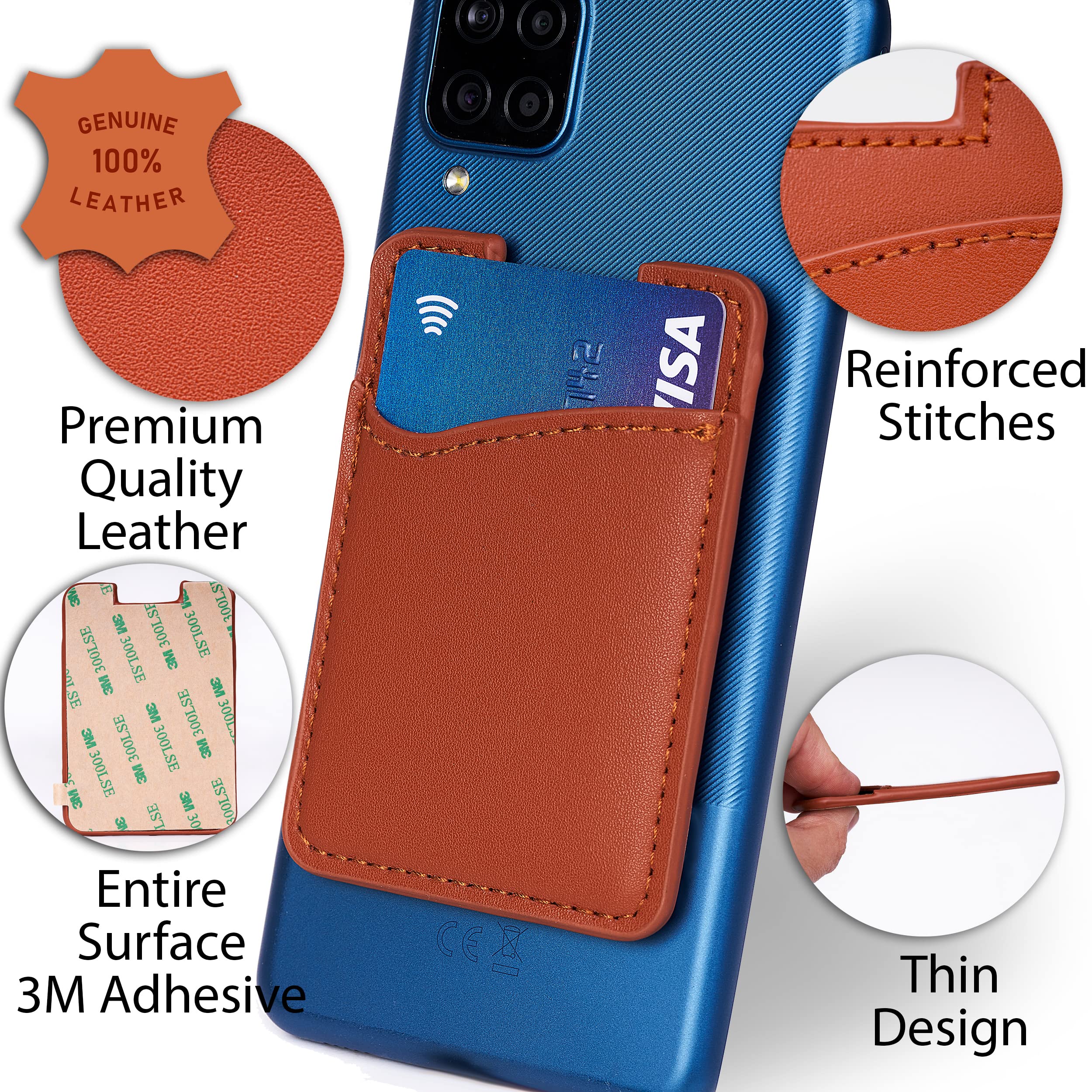 dizzy creek designs Premium Brown Leather Phone Wallet - 3.5"x3.7" Card Holder Stick on Wallet for iPhones and Android Smartphones - Easy to Attach
