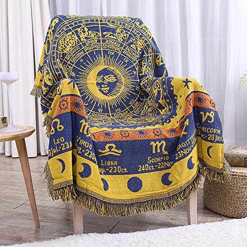 Zodiac Throw Blanket,Edcooy Boho Hippie Woven Witchy Astrology Celestial Constellation Balnket for Home Decor, Double Side Cover Chair Sofa Couch(Yellow,S 51" x 71")