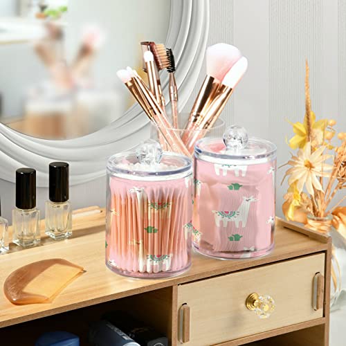KEEPREAL Cute Lama with Cactus Qtip Holder Dispenser with Lids, 2PCS Plastic Food Storage Canisters, Apothecary Jar Containers for Vanity Organizer Storage
