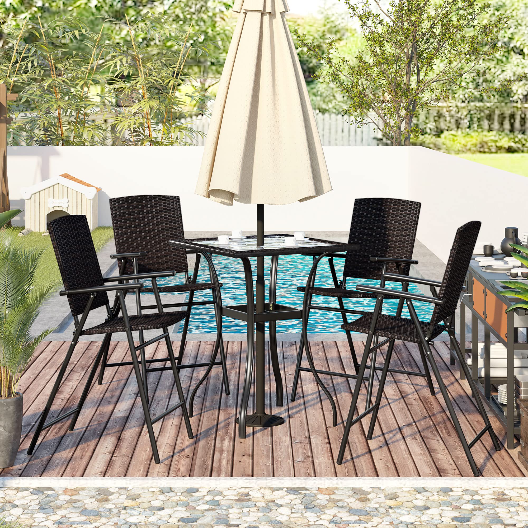 LZ LEISURE ZONE Paito Dining Table Set, 5-Piece Patio Furniture Sets, Outdoor PE Wicker Counter Height Dining Table Set with Umbrella Hole & 4 Foldable Chairs, Brown