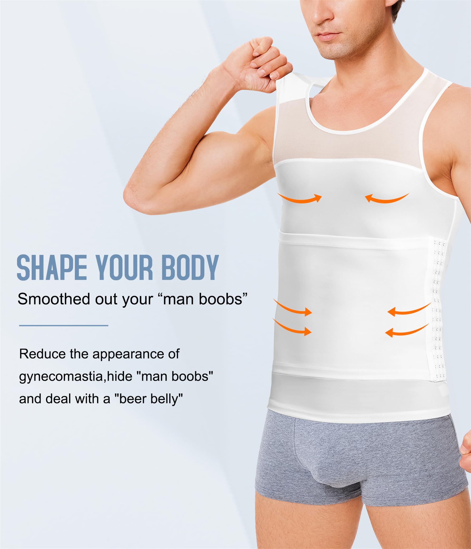 Men Body Shaper Slimming Vest Tight Tank Top Compression Shirt Tummy Control Underwear Moobs Binder (White, L)