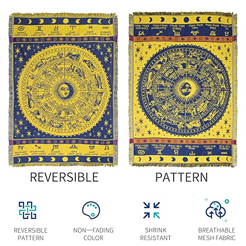 Zodiac Throw Blanket,Edcooy Boho Hippie Woven Witchy Astrology Celestial Constellation Balnket for Home Decor, Double Side Cover Chair Sofa Couch(Yellow,S 51" x 71")