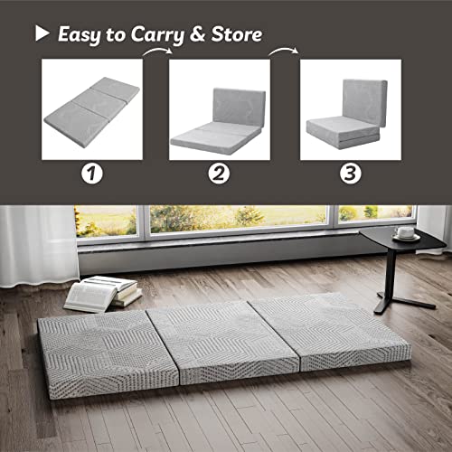 Tri-Fold Memory Foam Mattress, 4 inch Twin Folding Mattress with Collapsible and Washable Cover, Travel and Guest Mat, 75"×38"×4", Grey
