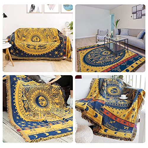 Zodiac Throw Blanket,Edcooy Boho Hippie Woven Witchy Astrology Celestial Constellation Balnket for Home Decor, Double Side Cover Chair Sofa Couch(Yellow,S 51" x 71")