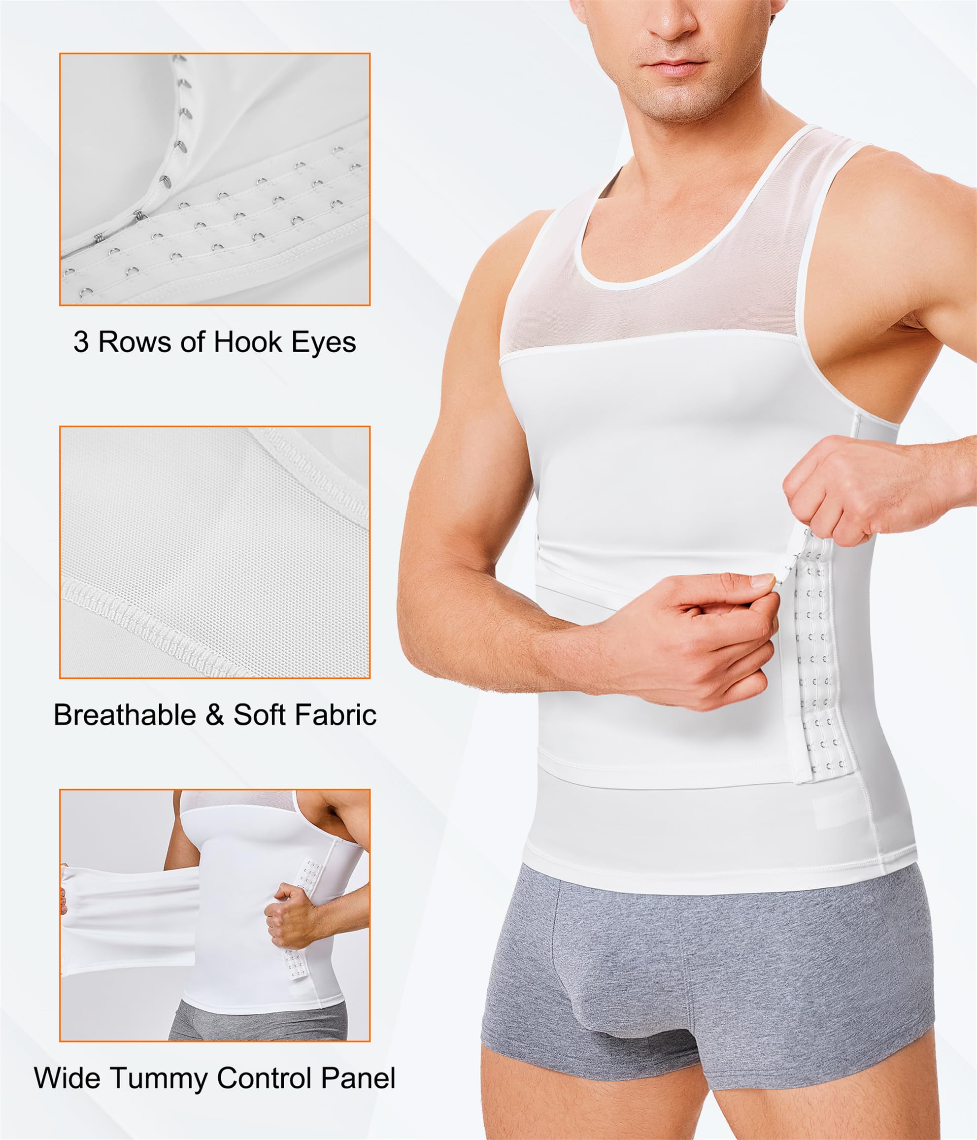 Men Body Shaper Slimming Vest Tight Tank Top Compression Shirt Tummy Control Underwear Moobs Binder (White, L)