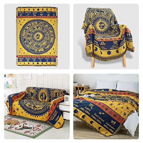 Zodiac Throw Blanket,Edcooy Boho Hippie Woven Witchy Astrology Celestial Constellation Balnket for Home Decor, Double Side Cover Chair Sofa Couch(Yellow,S 51" x 71")