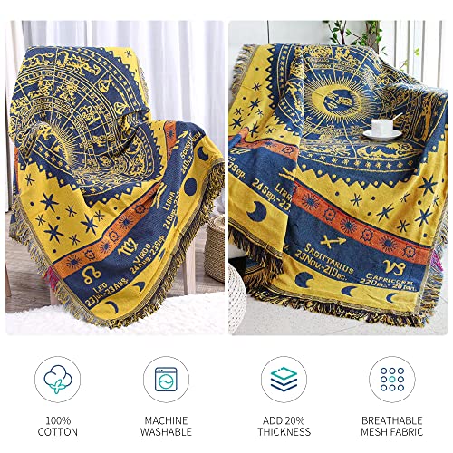 Zodiac Throw Blanket,Edcooy Boho Hippie Woven Witchy Astrology Celestial Constellation Balnket for Home Decor, Double Side Cover Chair Sofa Couch(Yellow,S 51" x 71")