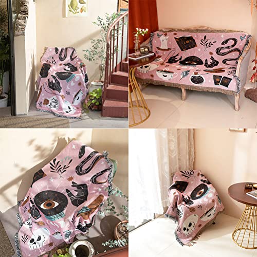 tiowik Divination Tarot Card Snake Skull Devil Eyes Throw Woven Blanket with Tassel for Home Decoration Chair Couch Sofa Bed Beach Travel Picnic Cloth Tapestry Shawl Cozy Cotton (Pink 63×51 Inches)