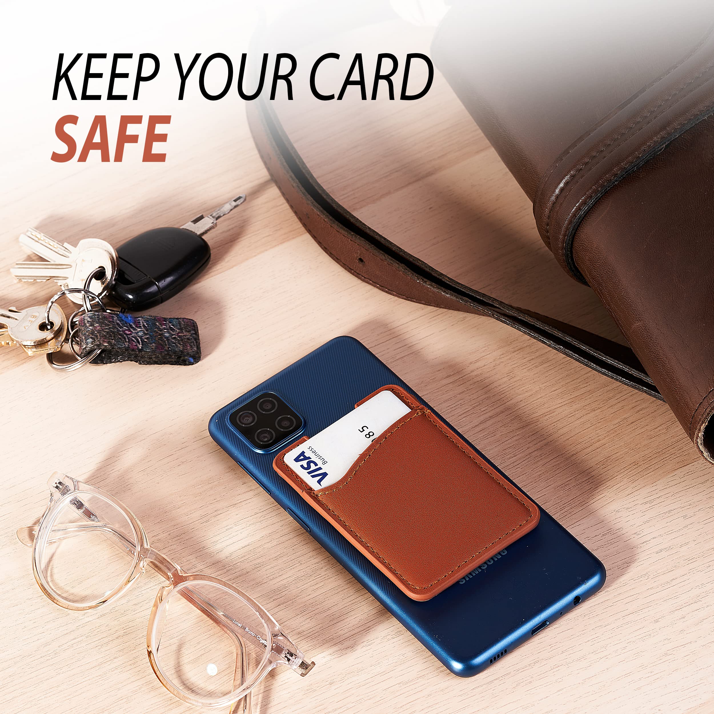 dizzy creek designs Premium Brown Leather Phone Wallet - 3.5"x3.7" Card Holder Stick on Wallet for iPhones and Android Smartphones - Easy to Attach