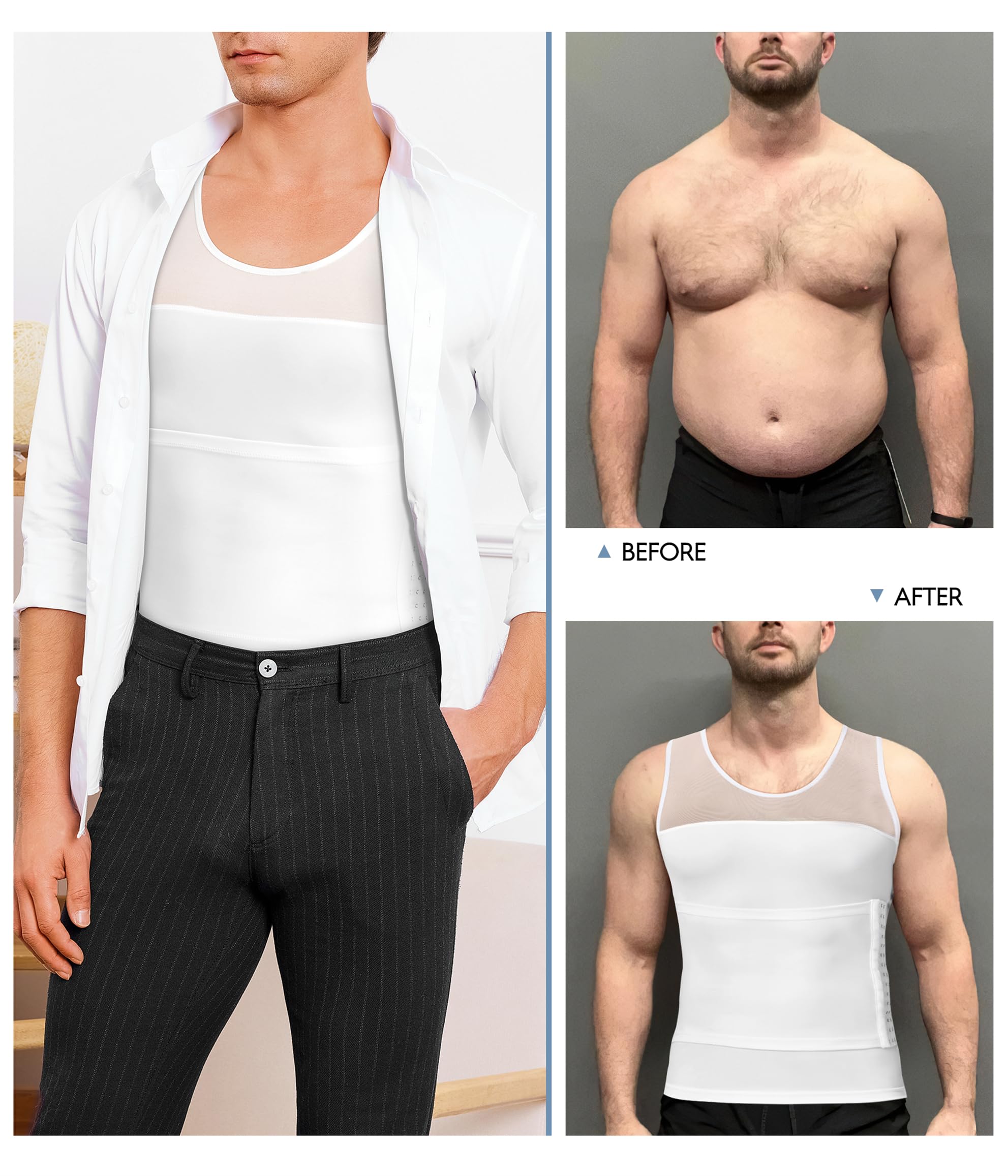 Men Body Shaper Slimming Vest Tight Tank Top Compression Shirt Tummy Control Underwear Moobs Binder (White, L)