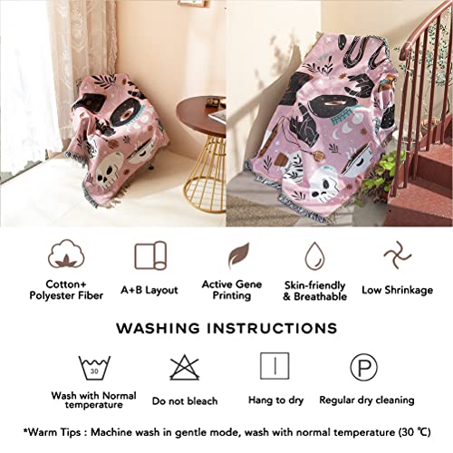 tiowik Divination Tarot Card Snake Skull Devil Eyes Throw Woven Blanket with Tassel for Home Decoration Chair Couch Sofa Bed Beach Travel Picnic Cloth Tapestry Shawl Cozy Cotton (Pink 63×51 Inches)