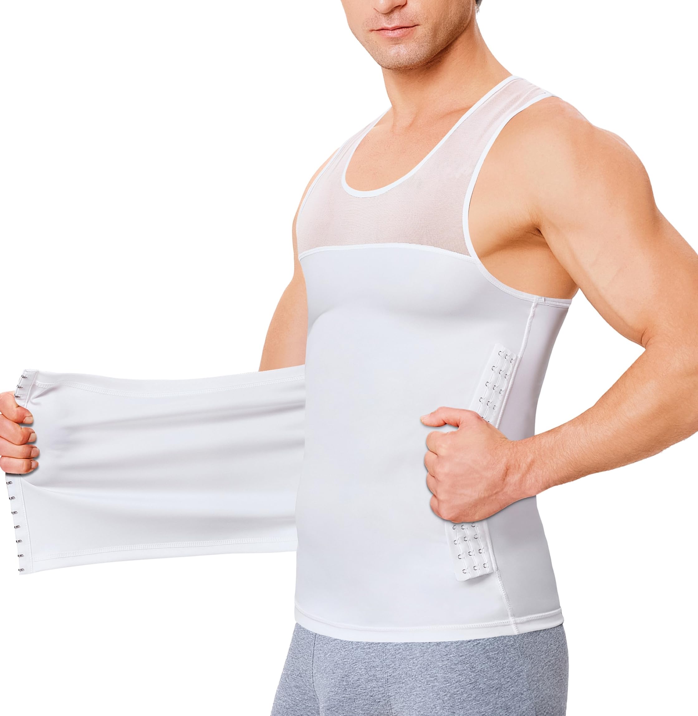 Men Body Shaper Slimming Vest Tight Tank Top Compression Shirt Tummy Control Underwear Moobs Binder (White, L)