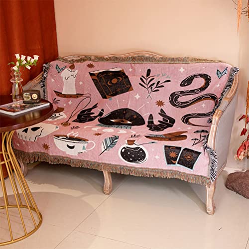 tiowik Divination Tarot Card Snake Skull Devil Eyes Throw Woven Blanket with Tassel for Home Decoration Chair Couch Sofa Bed Beach Travel Picnic Cloth Tapestry Shawl Cozy Cotton (Pink 63×51 Inches)