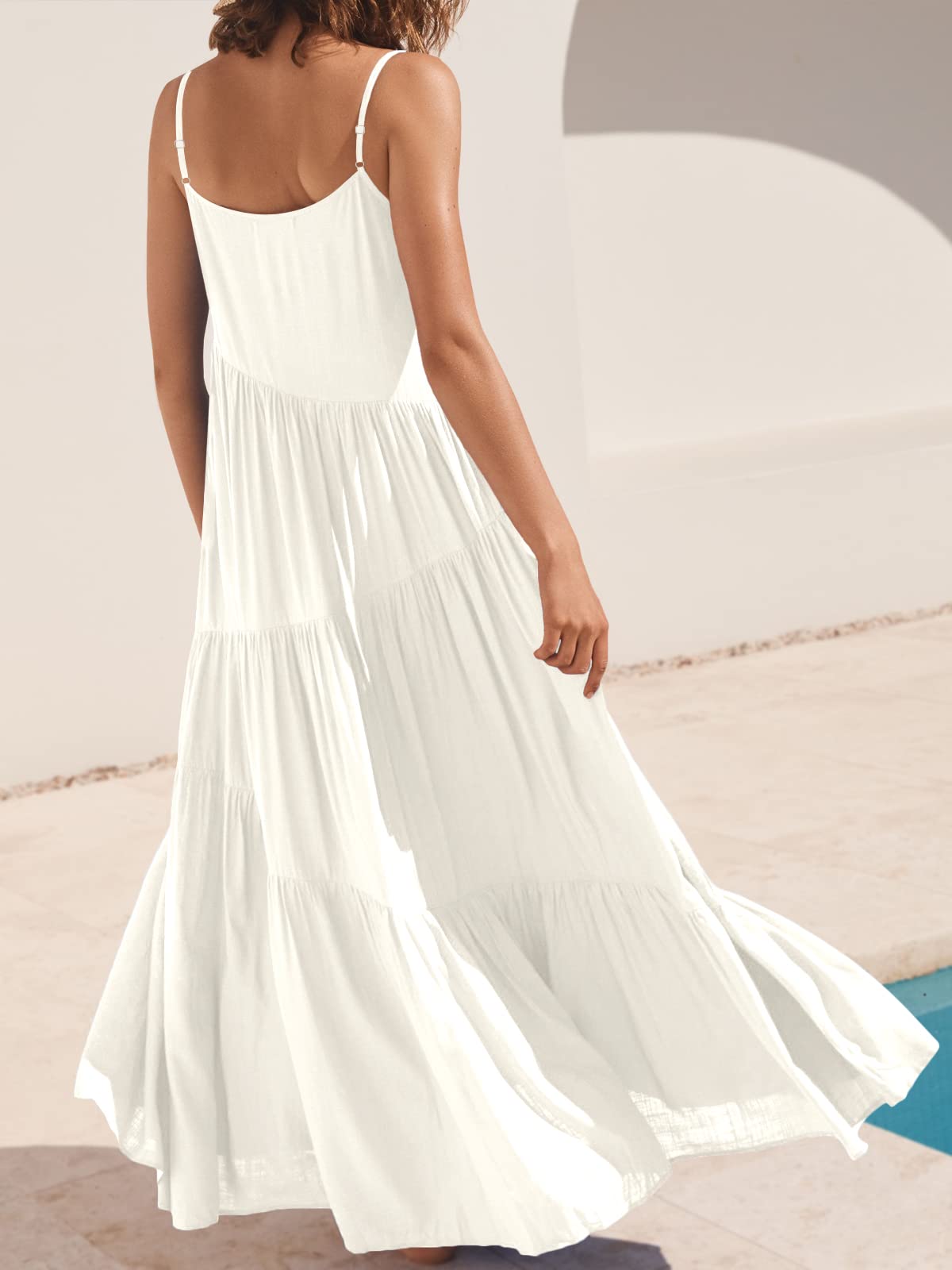 ANRABESS Women’s Summer Casual Loose Sleeveless Spaghetti Strap Tiered Asymmetric Beach Maxi Long Dress 523bai-L White