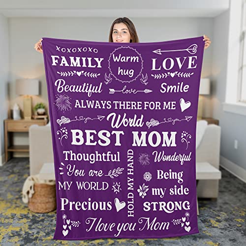 Gift Throw Blanket for Mom in English with Thankful, Thoughtful and Respectful Words, Queen Size 80"*60" Purple (English)
