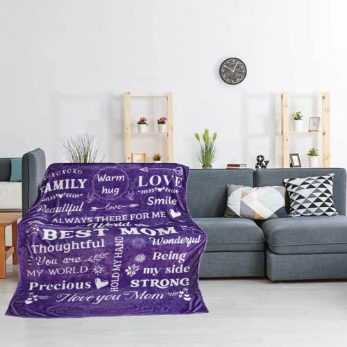 Gift Throw Blanket for Mom in English with Thankful, Thoughtful and Respectful Words, Queen Size 80"*60" Purple (English)