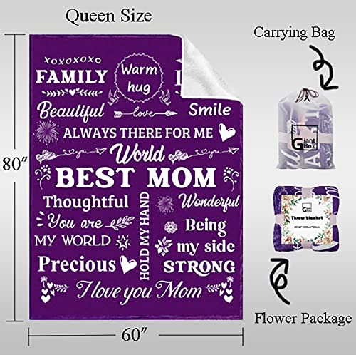 Gift Throw Blanket for Mom in English with Thankful, Thoughtful and Respectful Words, Queen Size 80"*60" Purple (English)