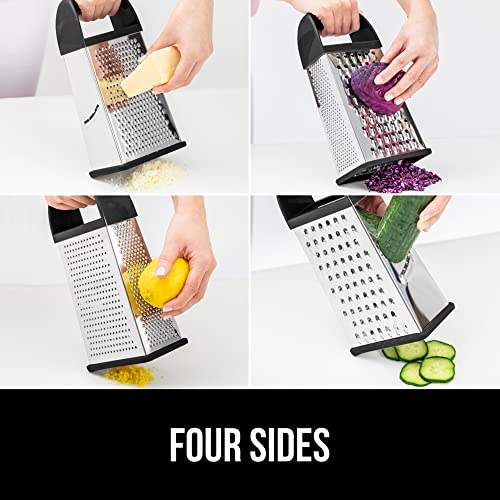 Gorilla Grip Stainless Steel Box Grater, 4-Sided XL Cheese and Spice Graters with Handle, Slice, Shred, Grate Vegetables, Ginger, Potatoes, Handheld Food Shredder, Zester, Includes Container, Black