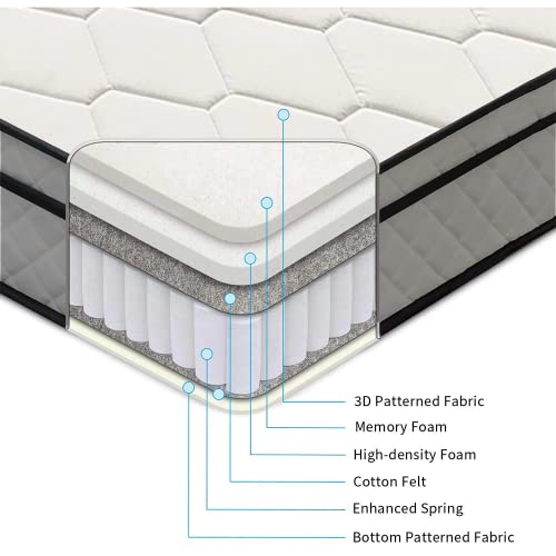 EIUE Queen Hybrid Mattress 10 Inch Innerspring,Memory Foam Hybrid,Medium Firm,White