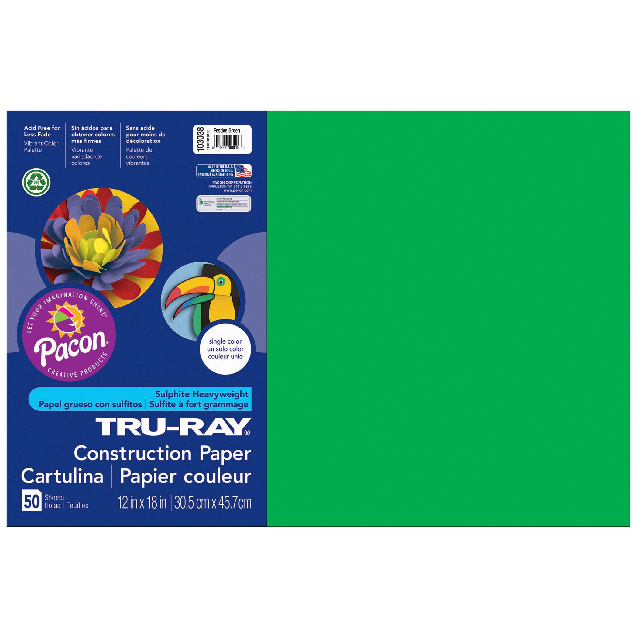 Tru-Ray Construction Paper, Festive Green, 12" x 18", 50 Sheets Per Pack, 5 Packs