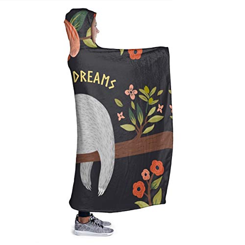 JASMODER Cute Sloth On The Tree Hoodie Blanket Wearable Throw Blankets for Couch Blanket Hooded for Baby Kids Men Women