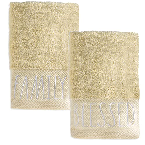 Rae Dunn Hand Towels, Embroidered Decorative Hand Towel for Kitchen and Bathroom, 100% Cotton, Yellow- Blessed/Family, 16"x 28"