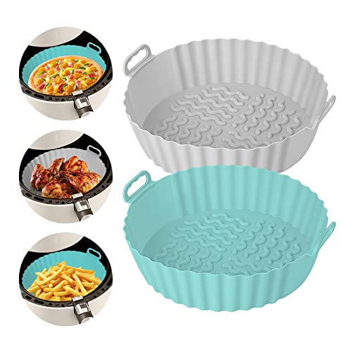 Hiyaloo 2Pcs Air Fryer Silicone Liners 7.5 Inch Air Fryer Accessories Round BPA Free Non Stick Silicone Air Fryer Liners Reusable Parchment Paper Replacement Fits 3QT - 5QT Air Fryer (Blue+Grey, 2)