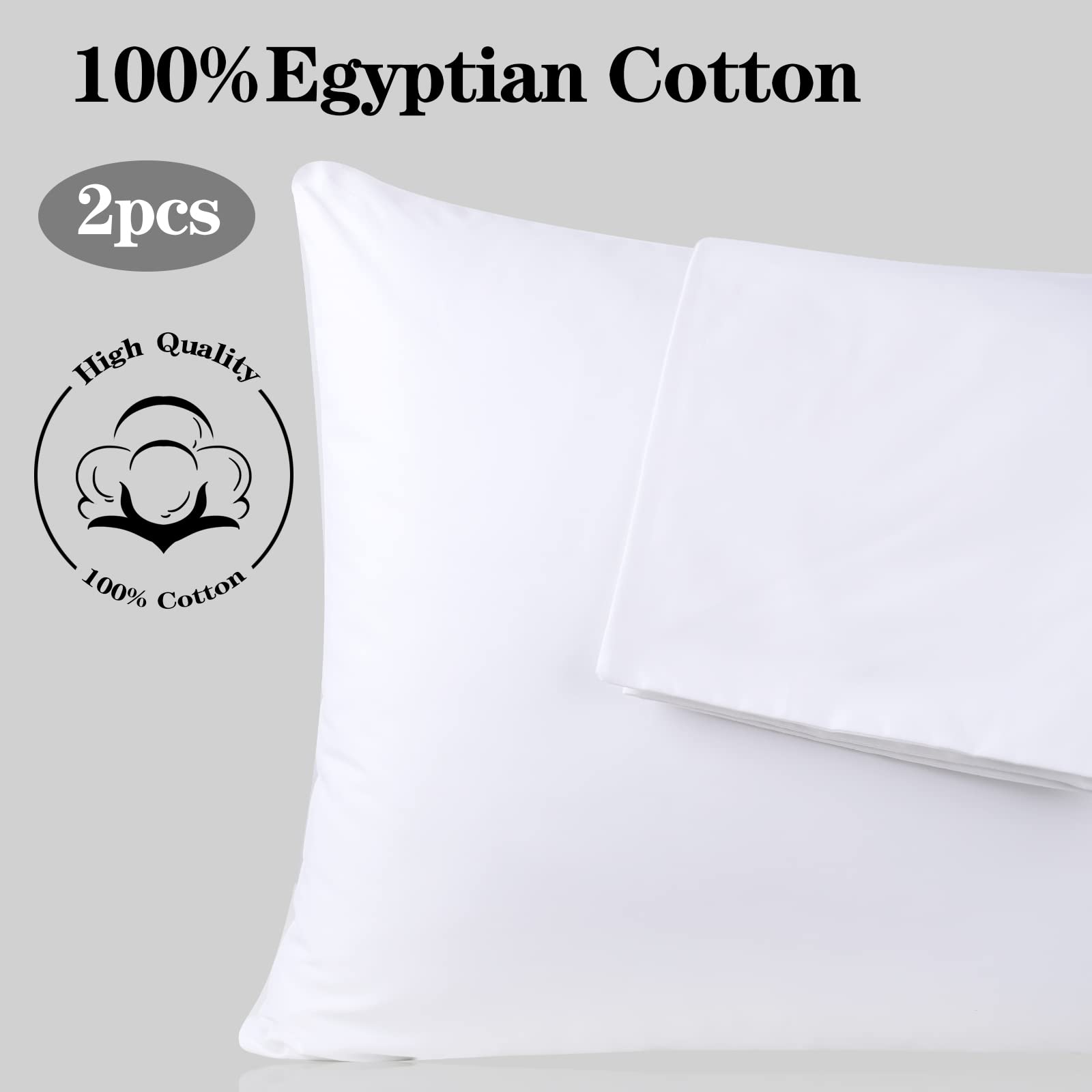 100% Egyptian Cotton Pillow Protectors Set of 2, 600 Thread Count King Size Bed Pillow Cases with Zipper, Sateen Weave Cooling Pillow Cases Quiet and Breathable Easy Care (2PCS, King, White)