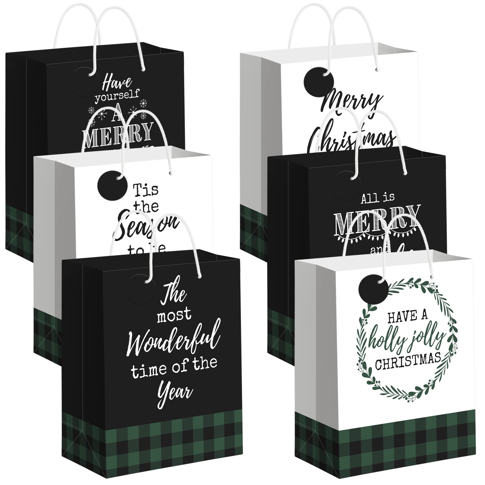 Perfect Occasion Plaid Christmas Gift Bags - 6 Pack - Large Size 13" Green & Black Buffalo Plaid Gift Bags With Handles & Name Tags - with 6 Holiday Sayings Designs - 6 Pack