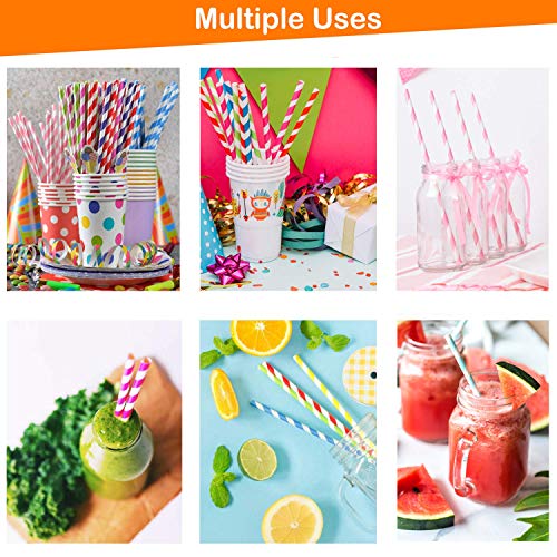 Weemium 200 Biodegradable Paper Straws - Durable & Eco-Friendly in 10 Color Stripes - Rainbow Drinking Straws & Party Decoration Supplies