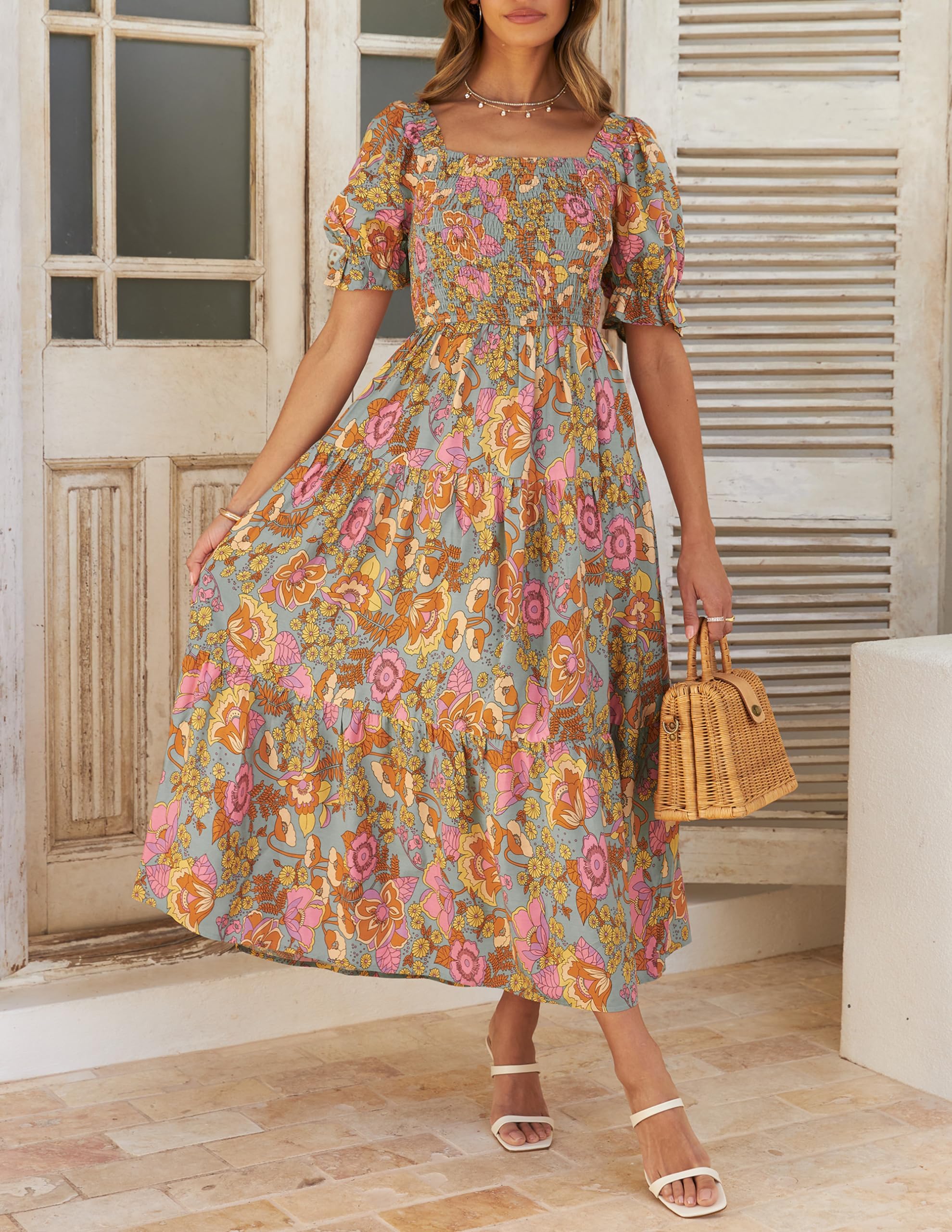 ZESICA Women's 2025 Summer Boho Floral Print Square Neck Ruffle Swing Beach Long Maxi Dress,GreyGreen,Medium