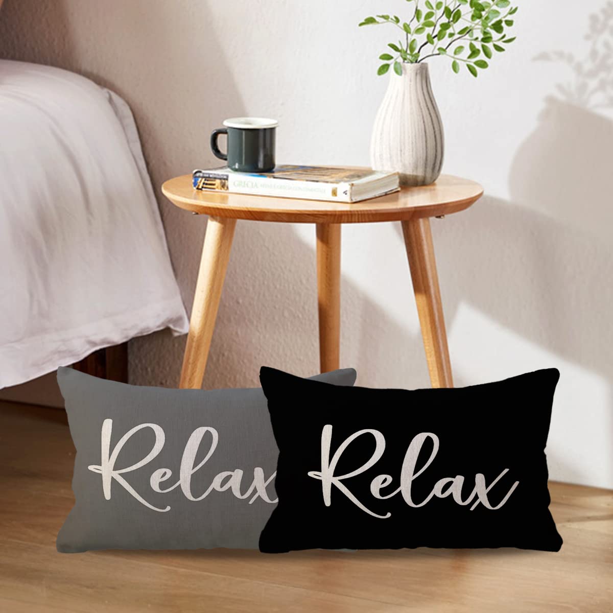 ULOVE LOVE YOURSELF Relax Lumbar Throw Pillow Case 12×20 Inch Housewarming Gifts Farmhouse Black Decorative Rectangular/Waist Cushion Cover for Sofa Beach Porch Bench Decor(12"×20", Black)