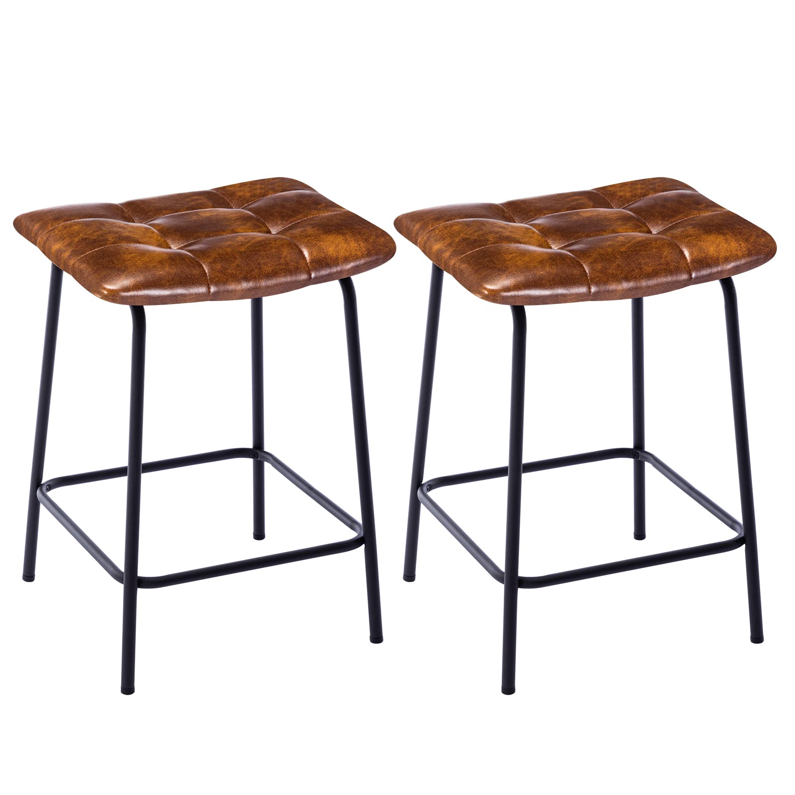 DUHOME 24β Square Tufted Counter Bar Stools Set of 2, Breathable Faux Leather Upholstered Barstool with Footrest, Backless Stool for Kitchen Counter Island Bar, YellowishBrown