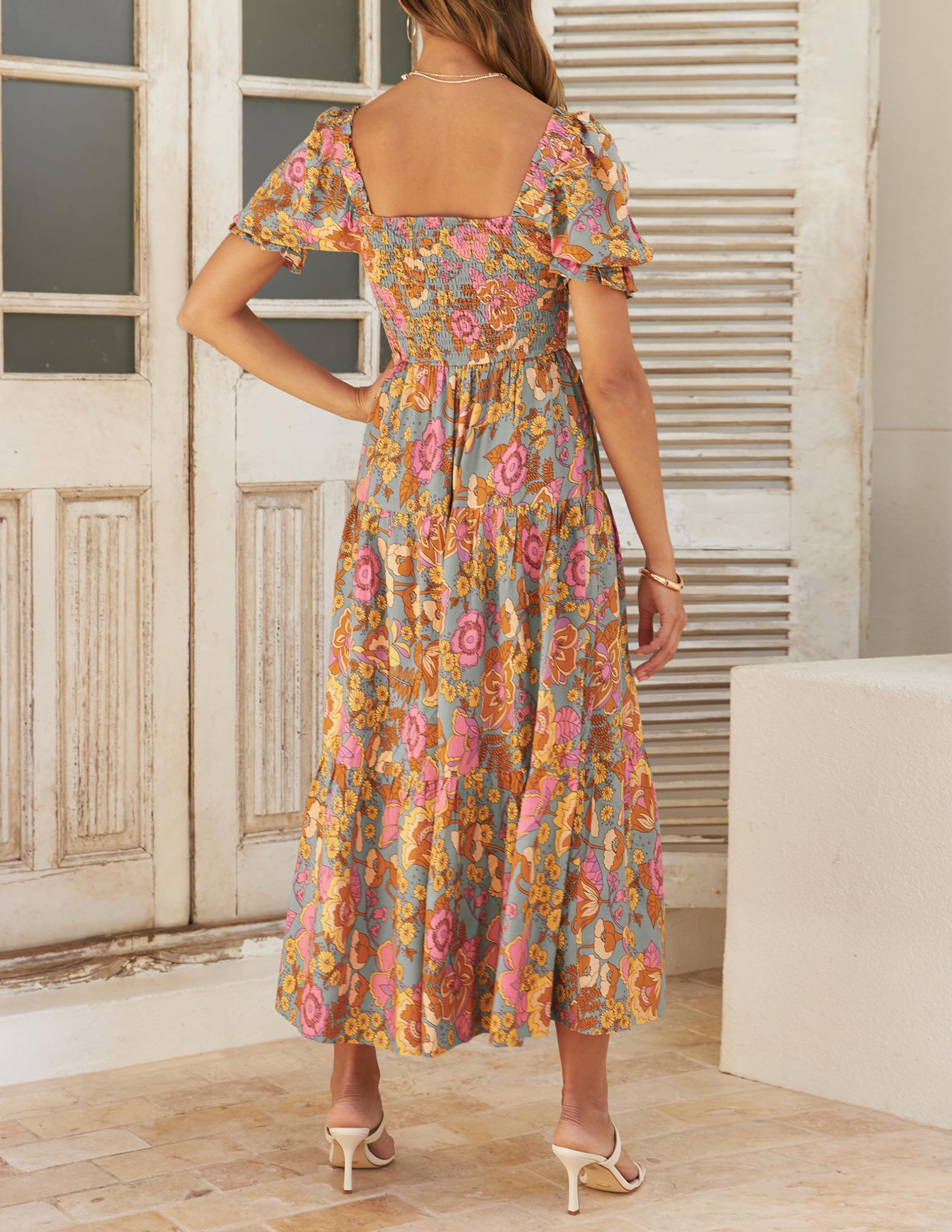 ZESICA Women's 2025 Summer Boho Floral Print Square Neck Ruffle Swing Beach Long Maxi Dress,GreyGreen,Medium