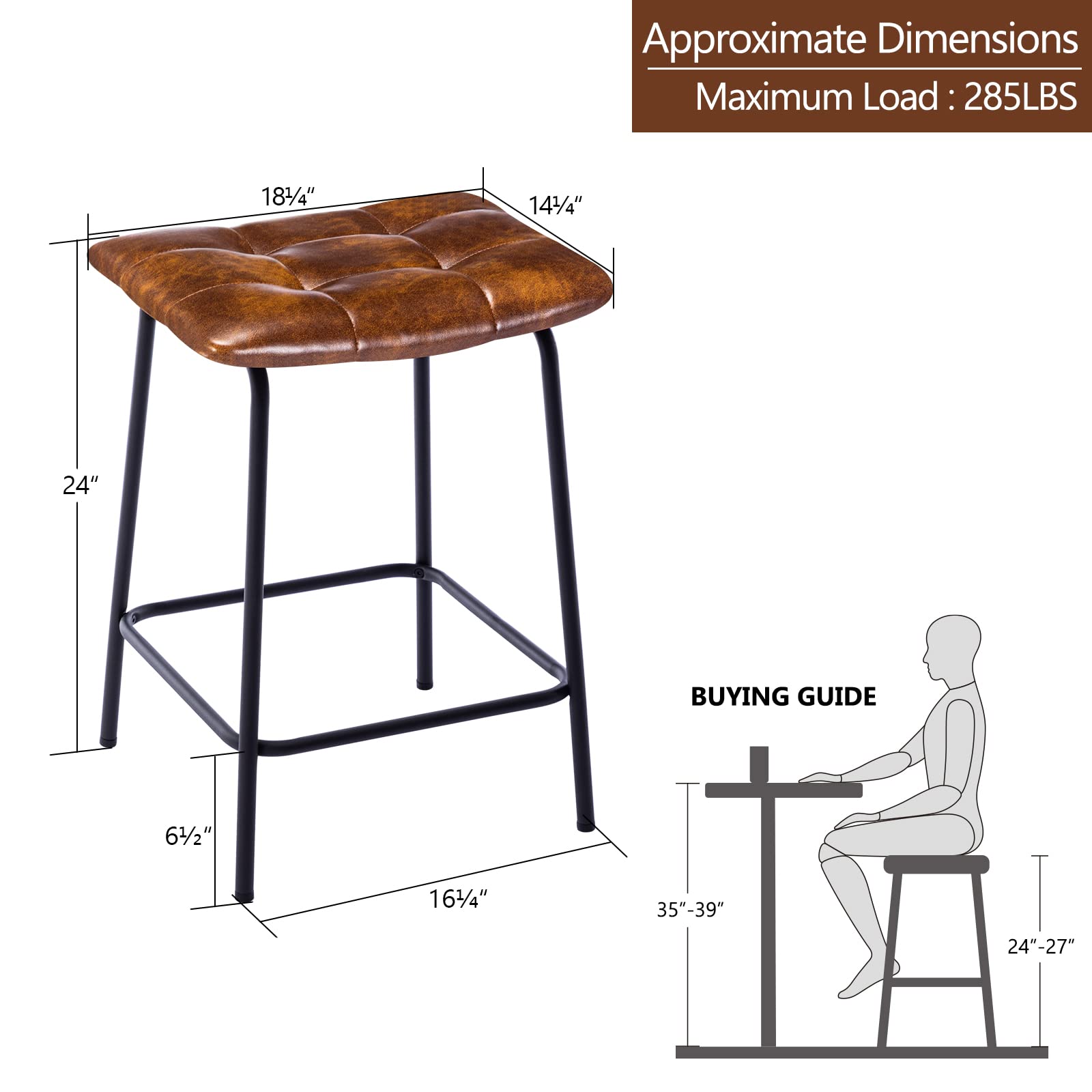 DUHOME 24β Square Tufted Counter Bar Stools Set of 2, Breathable Faux Leather Upholstered Barstool with Footrest, Backless Stool for Kitchen Counter Island Bar, YellowishBrown