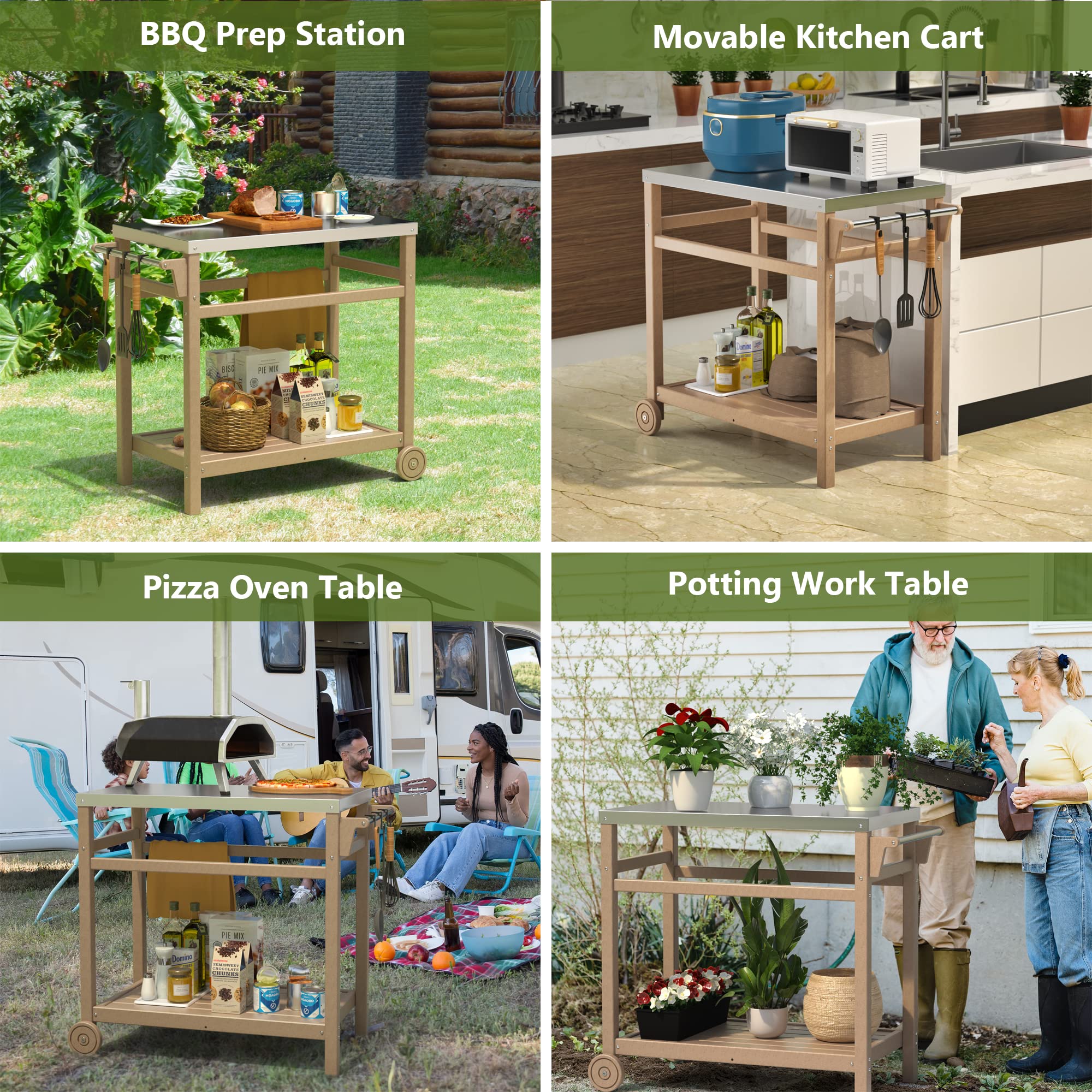 TORVA Outdoor Prep Grill Carts, 303 Stainless Steel Tabletop with High Load Capacity Portable BBQ Table, HDPE Durable Frame 2-Tier Storage Cart, Wood