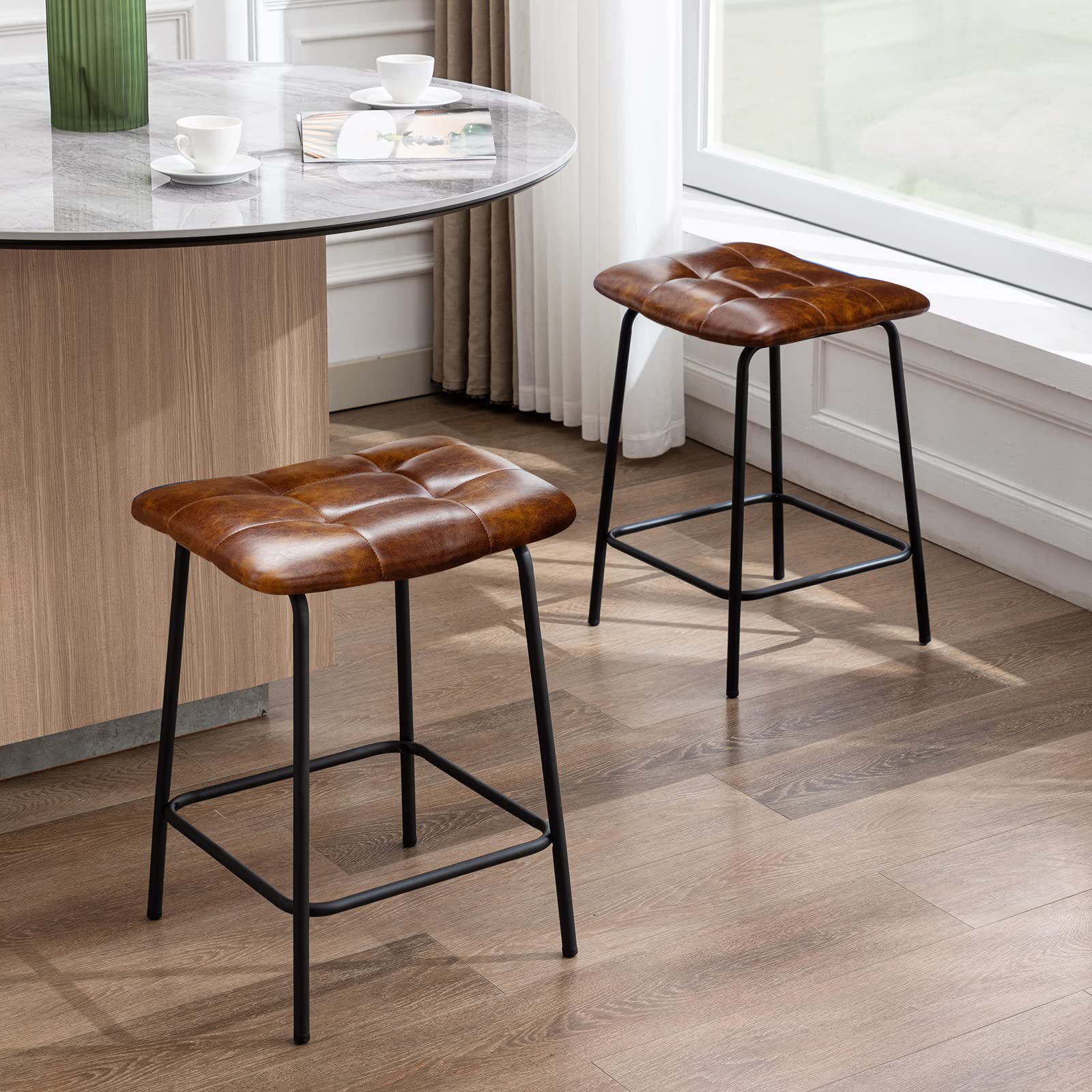 DUHOME 24β Square Tufted Counter Bar Stools Set of 2, Breathable Faux Leather Upholstered Barstool with Footrest, Backless Stool for Kitchen Counter Island Bar, YellowishBrown
