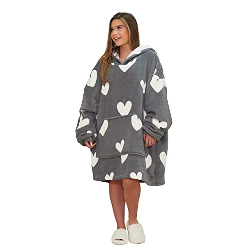 Dreamscene Heart Blanket Hoodie Women Giant Hooded Wearable Blanket Sweatshirt Cozy Warm Sherpa Mens Womens - Valentine Gift for Him One Size – Charcoal Grey