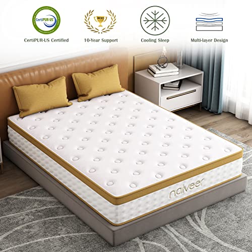 Naiveer Cool Gel Memory Foam Hybrid Mattress, 10 Inch Queen Size Mattress in A Box with Pocket Springs for Cool Sleep & Pressure Relief, Medium Firm Feeling with CertiPUR-US Certified Foam