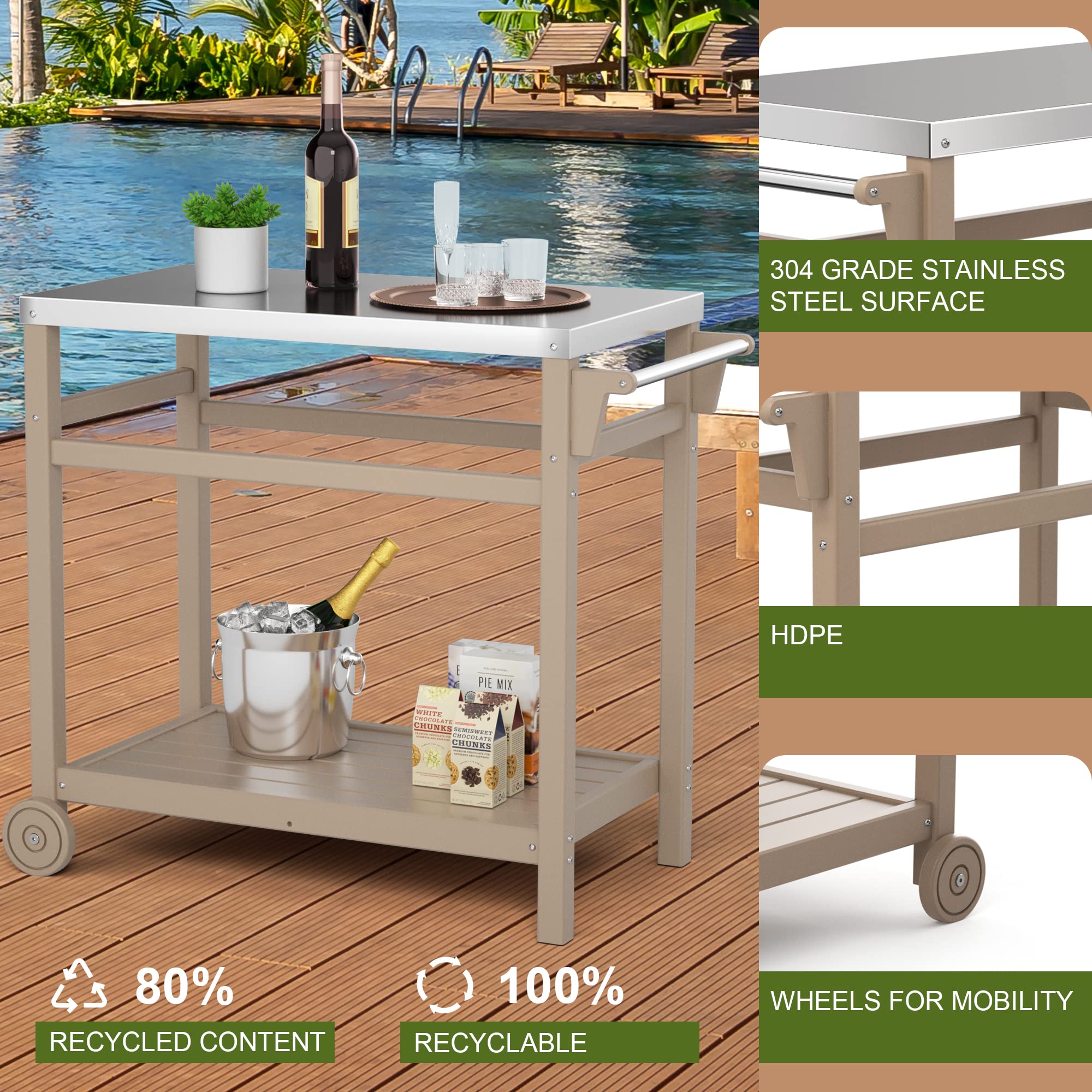 TORVA Outdoor Prep Grill Carts, 303 Stainless Steel Tabletop with High Load Capacity Portable BBQ Table, HDPE Durable Frame 2-Tier Storage Cart, Wood