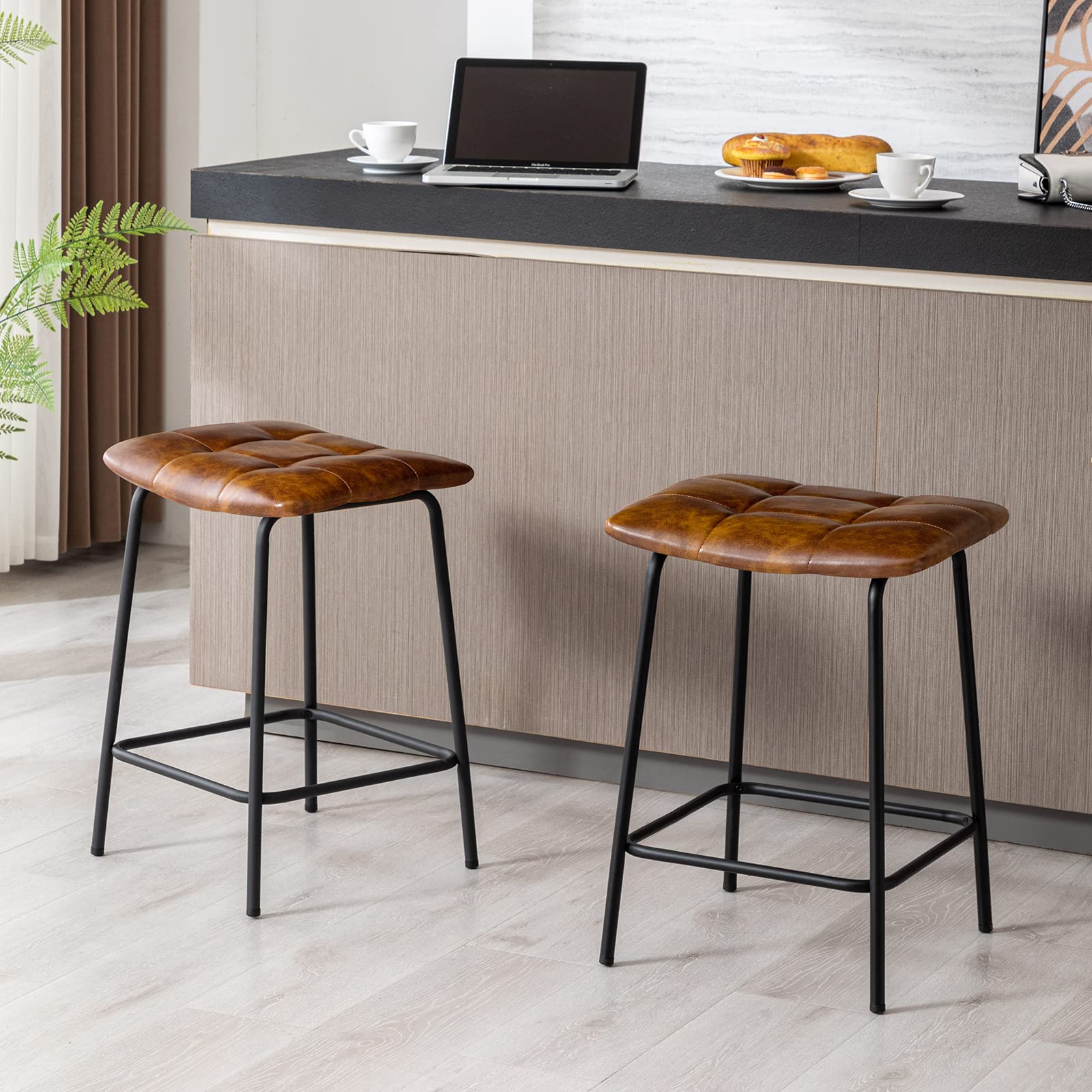 DUHOME 24β Square Tufted Counter Bar Stools Set of 2, Breathable Faux Leather Upholstered Barstool with Footrest, Backless Stool for Kitchen Counter Island Bar, YellowishBrown