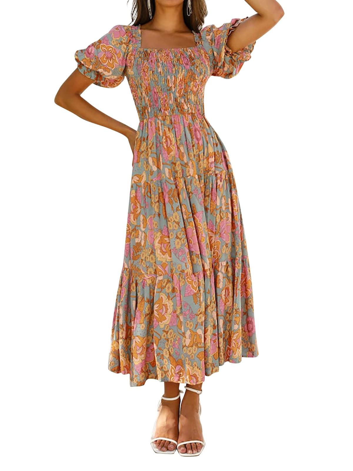 ZESICA Women's 2025 Summer Boho Floral Print Square Neck Ruffle Swing Beach Long Maxi Dress,GreyGreen,Medium