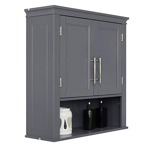 Road.Ahead White Wall Mounted Wall Cabinet,Two-Door Wall Cabinet, Medicine Cupboard, Hanging Bathroom Storage with Height Adjustable Shelf and Rod Medicine Cabinets- Grey