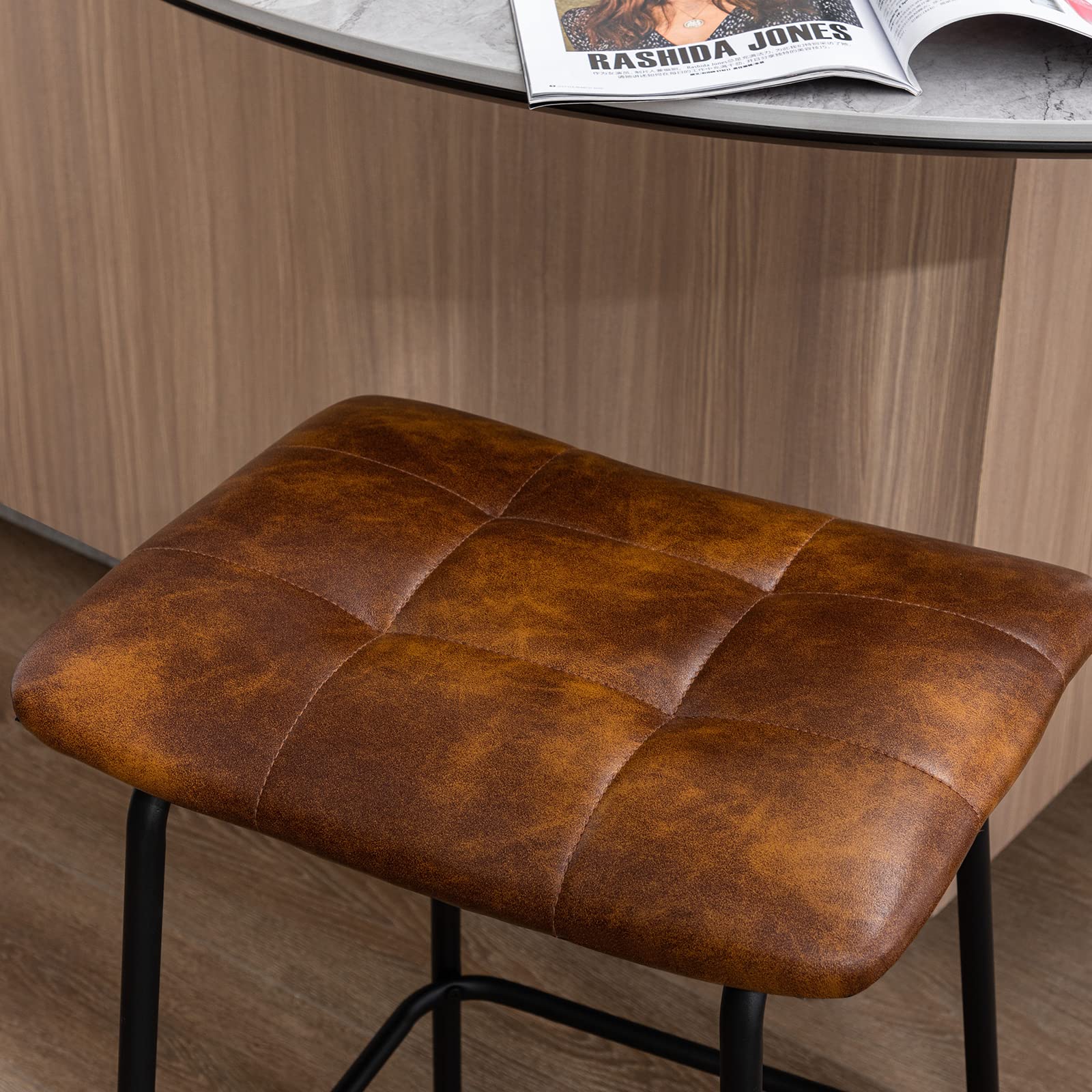 DUHOME 24β Square Tufted Counter Bar Stools Set of 2, Breathable Faux Leather Upholstered Barstool with Footrest, Backless Stool for Kitchen Counter Island Bar, YellowishBrown