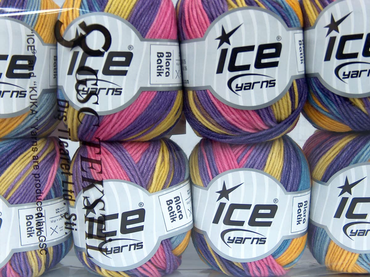 Lot of 8 Skeins Ice Yarns Alara Batik (50% Cotton) Yarn Pink Purple Olive Green Blue Yellow