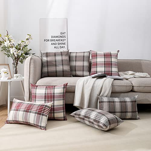 CARRIE HOME Brown Plaid Pillow Covers 18x18 Set of 2 Farmhouse Plaid Decorative Throw Pillows for Living Room Couch Sofa