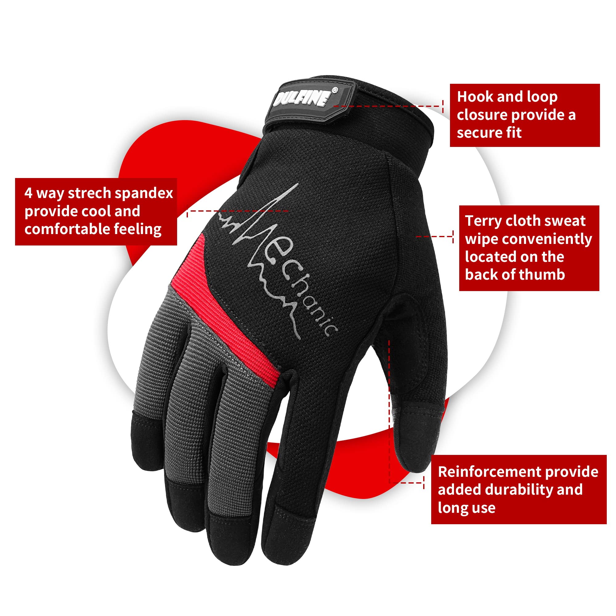 DULFINE Flex Grip Mechanic Work Gloves for Men,Black and Red Utility Safety Working Gloves Touch Screen,Excellent Grip,Ideal for Working on Cars and Outdoor Jobs(Medium)