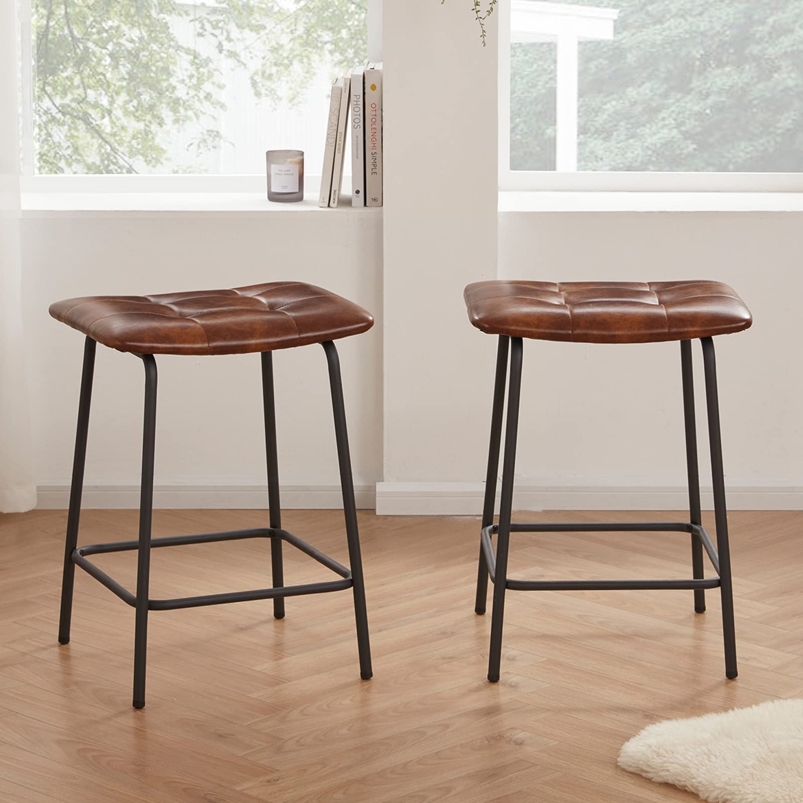 DUHOME 24” Square Tufted Counter Bar Stools Set of 2, Breathable Faux Leather Upholstered Barstool with Footrest, Backless Stool for Kitchen Counter Island Bar, YellowishBrown