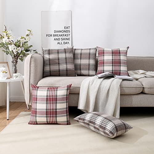 CARRIE HOME Brown Plaid Pillow Covers 18x18 Set of 2 Farmhouse Plaid Decorative Throw Pillows for Living Room Couch Sofa